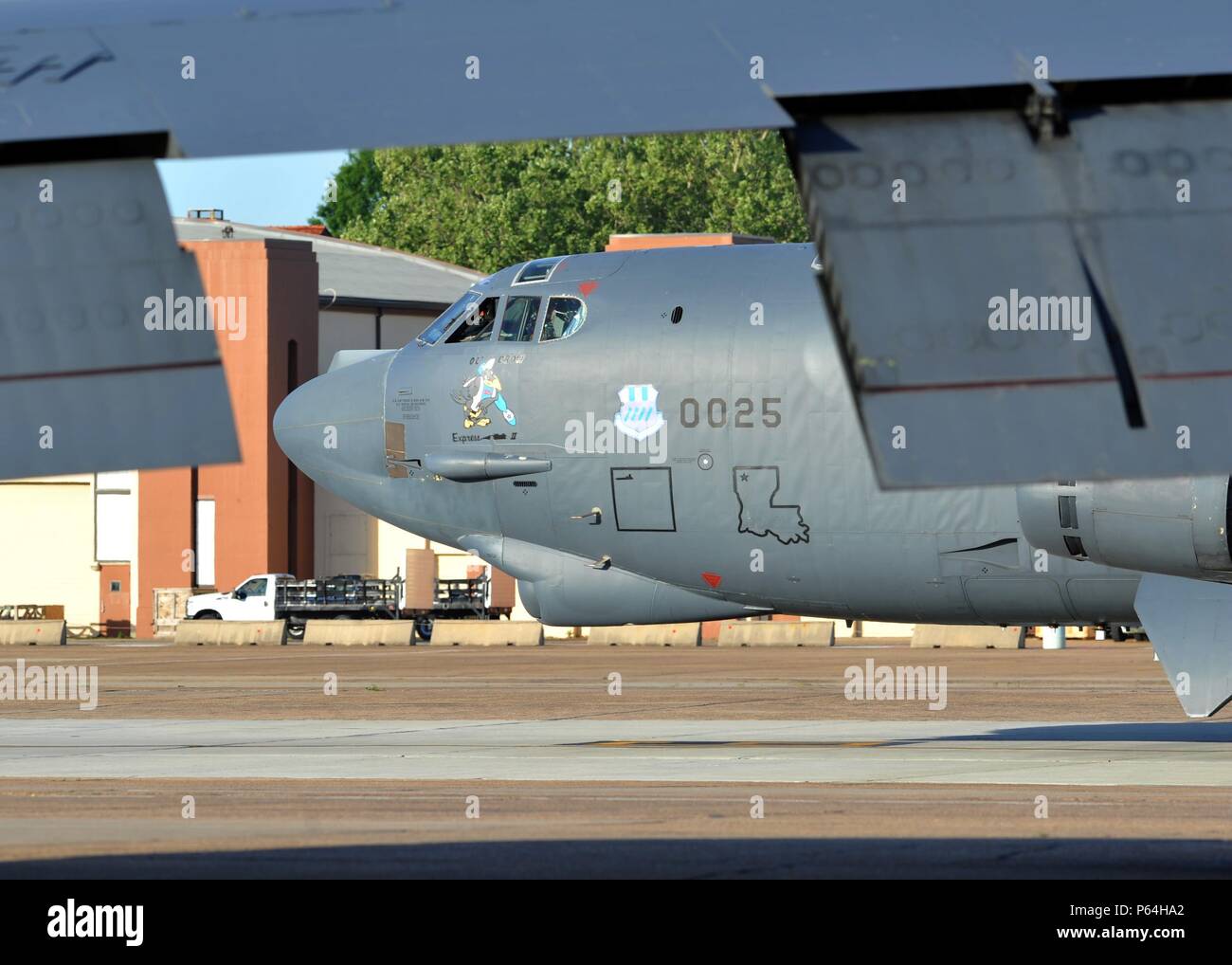 A B-52 Stratofortress taxis to the runway at Barksdale Air Force Base ...