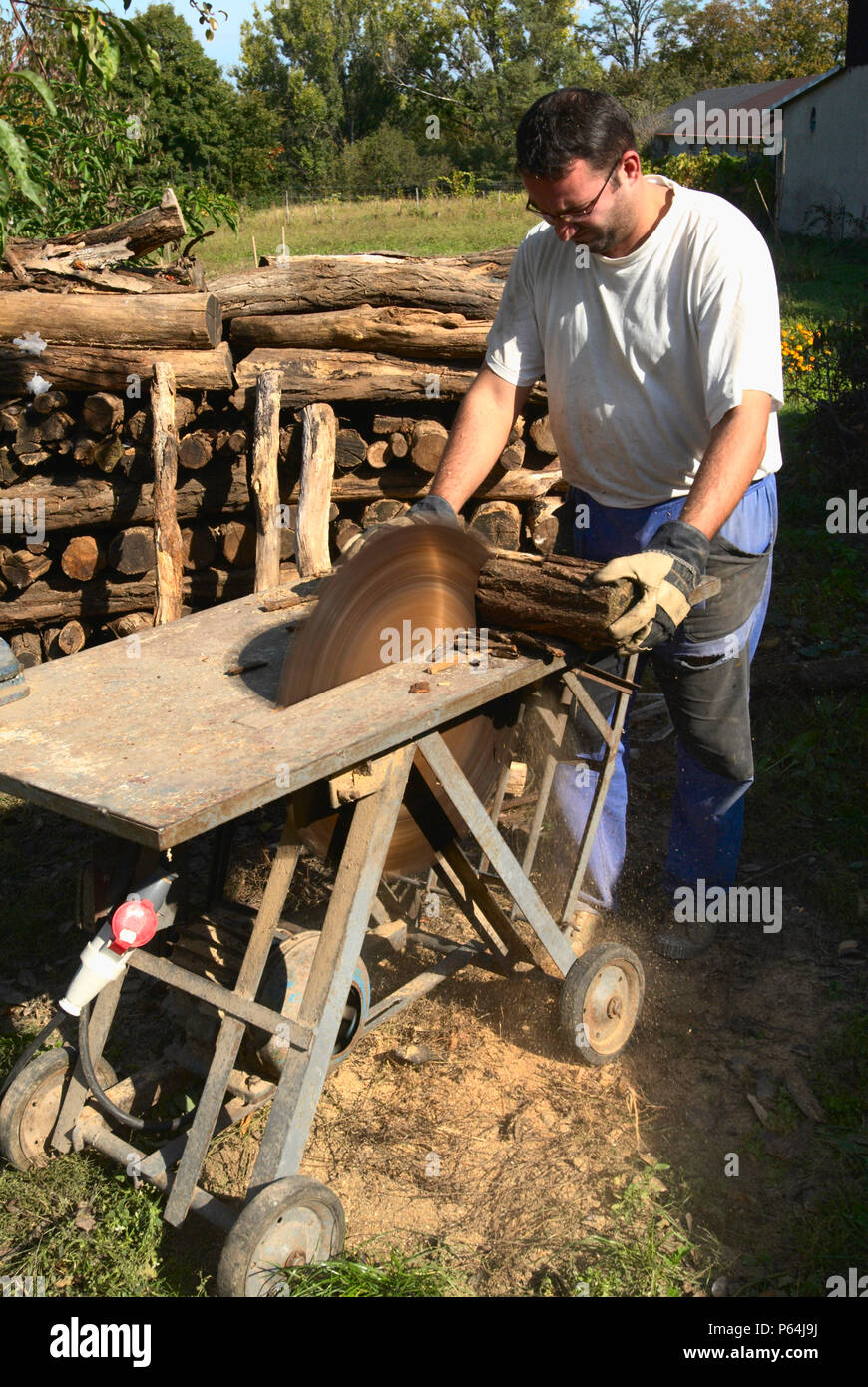 Man cutting timber on circular saw Stock Photo - Alamy