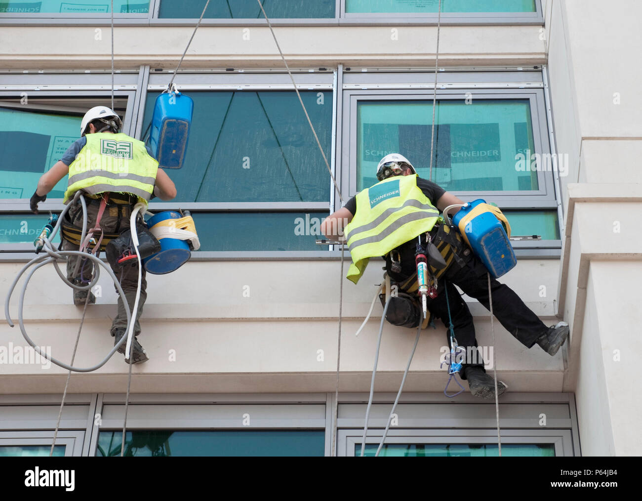 Window cleaners on ropes and suction grips outside an office window ...