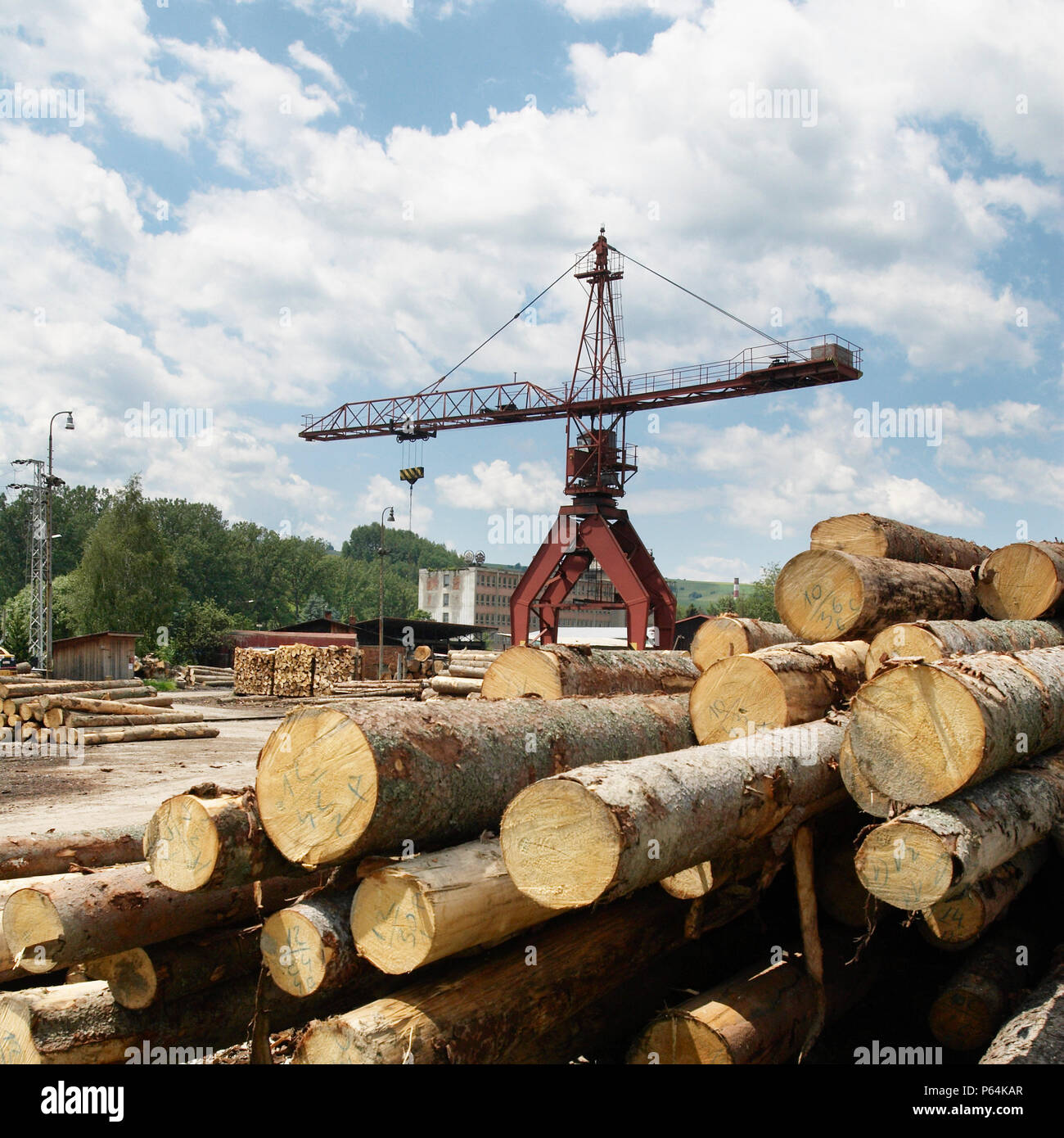 Timber yard and crane, Brezno, Slovakia Stock Photo - Alamy