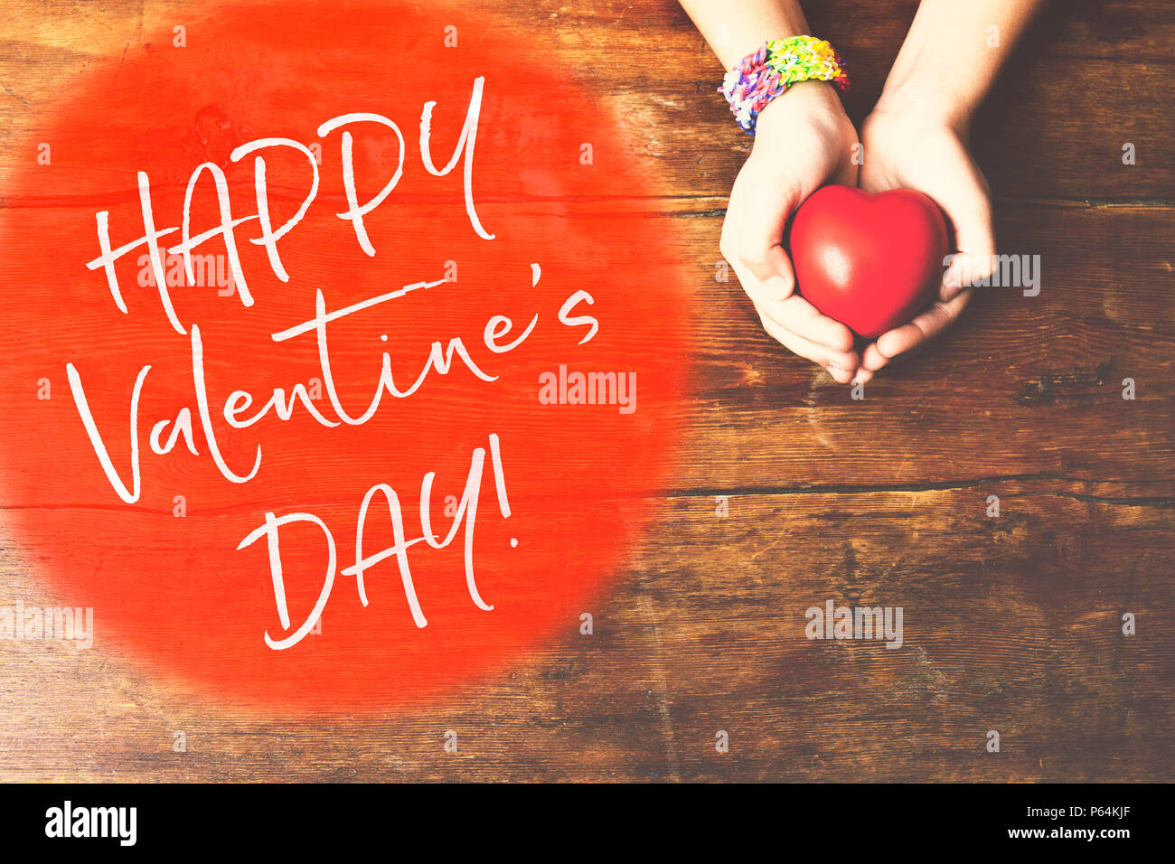 happy Valentine Day exclamation printed on vintage wooden board with ...