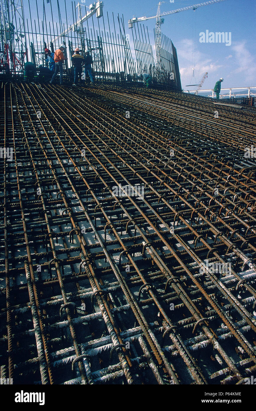 Dense reinforcement installed in dry dock for foot of bridge piers on ...