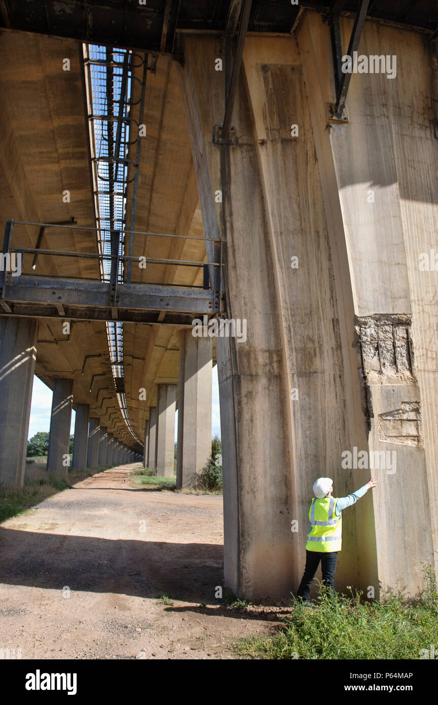 A female surveyor inspects damage to the reinforced concrete supports ...