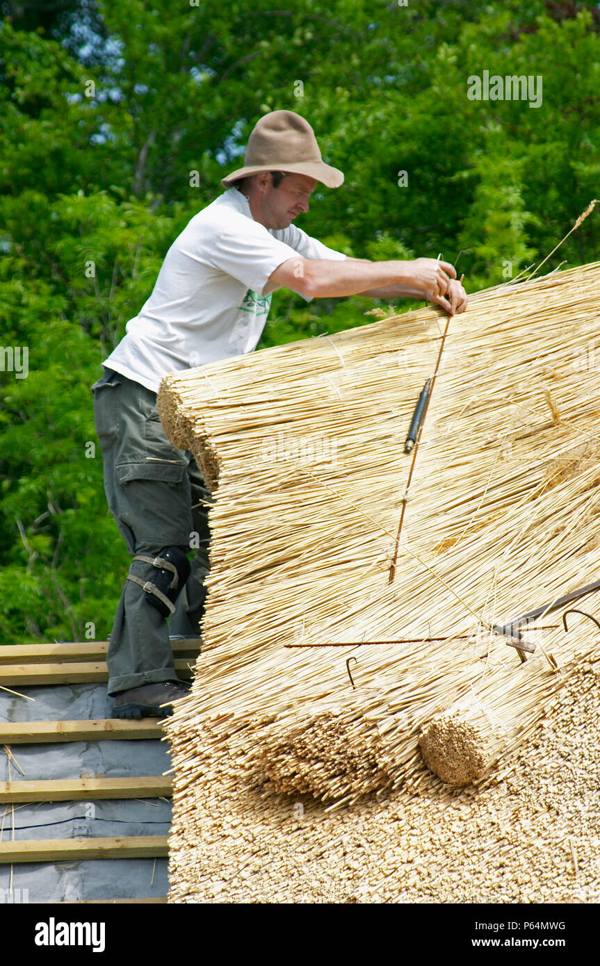 Male thatcher with hat working on a thatched roof in Co. Mayo, Ireland ...