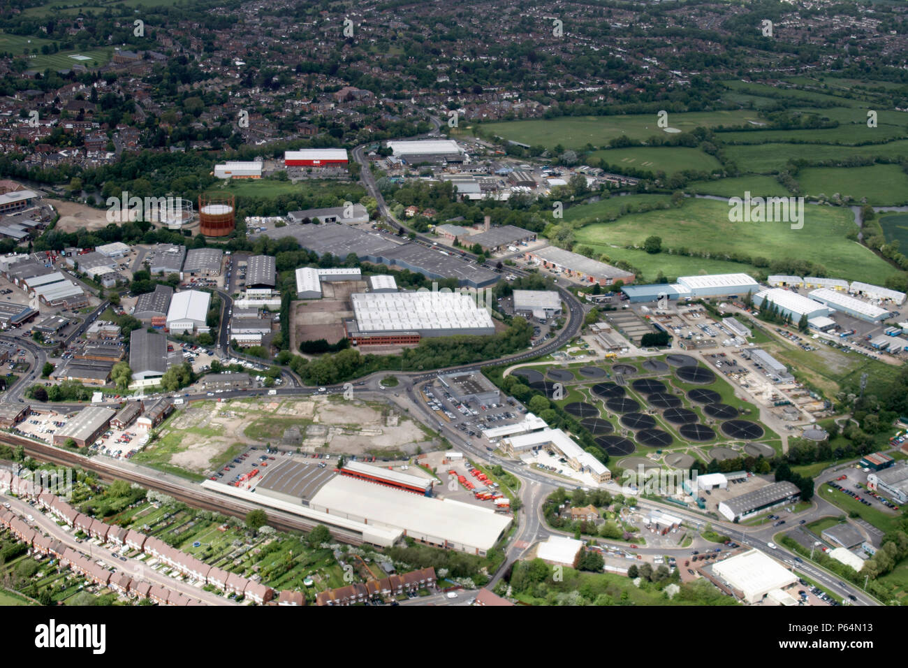 Aerial view north east of water works, commercial buildings ...