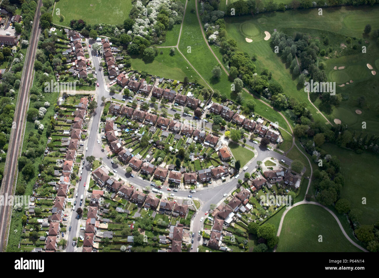 Aerial view south of The Linkway, South Herts Golf Course, in Barnet ...