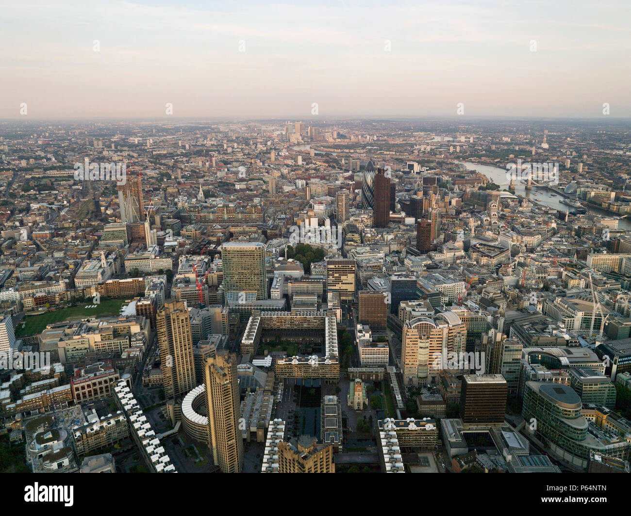 Aerial view of City of London, Barbican Towers at sunset Stock Photo ...