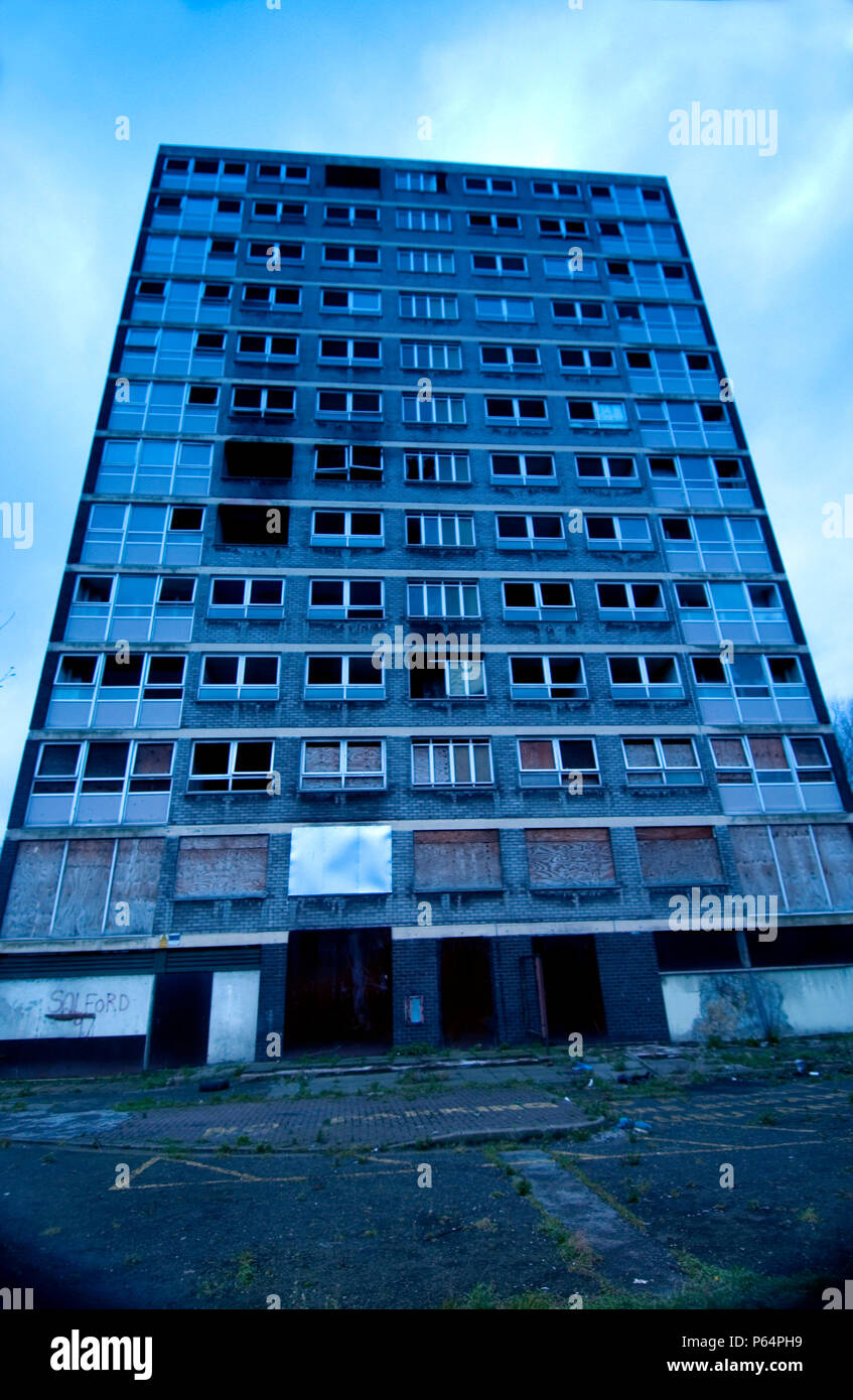 Derelict high-rise council tower block damaged by fire, Manchester ...