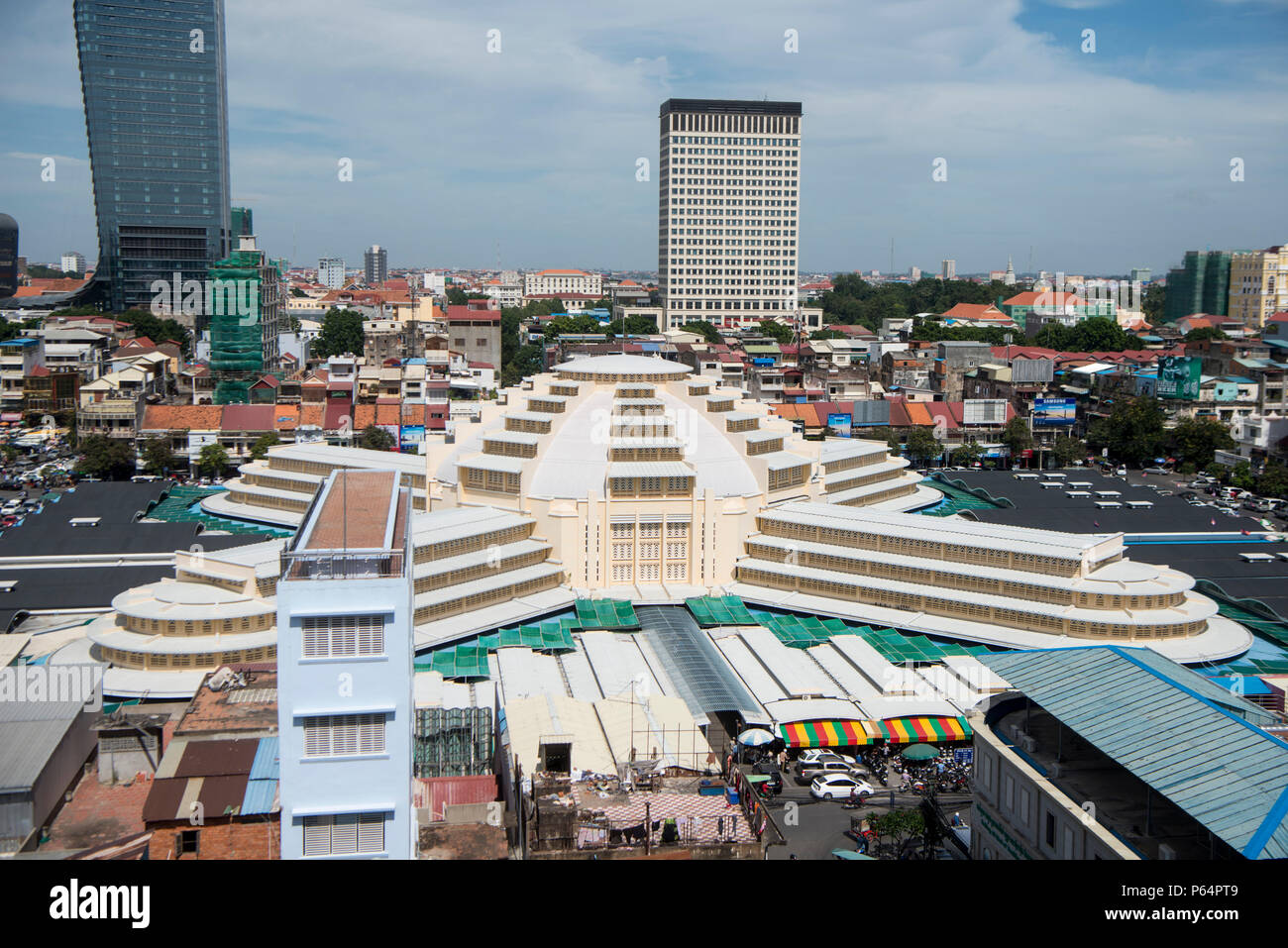 a city view with the central market or Psar Thmei market in the city of ...
