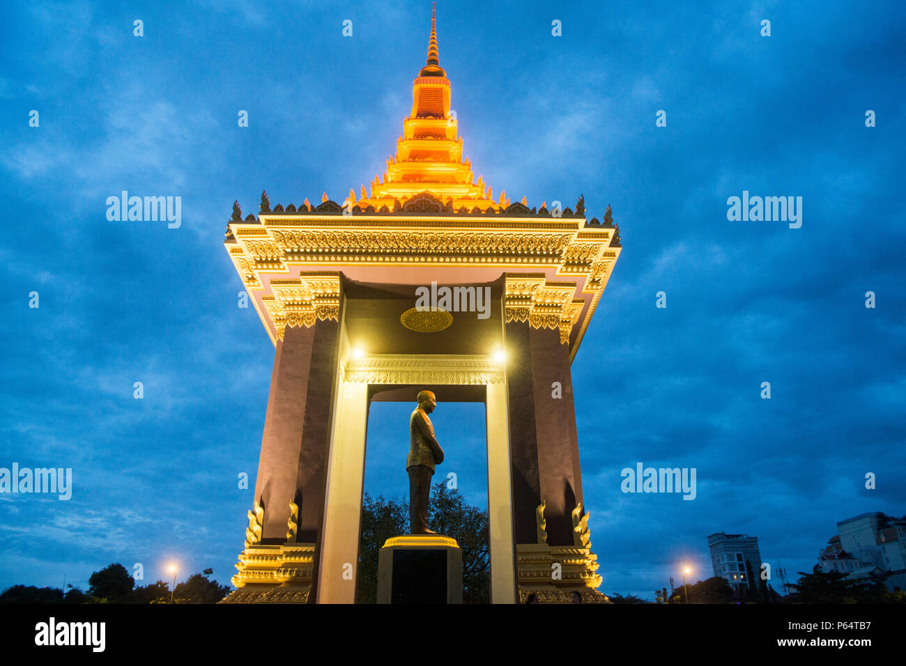 the Statue and Monument of King Norodom Sihanouk at the Sihanouk Bouelvard in the city of Phnom ...