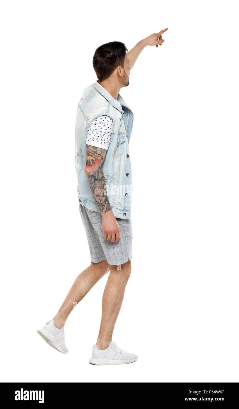 Side view of a man walking with a pointing hand. going guy showing ...