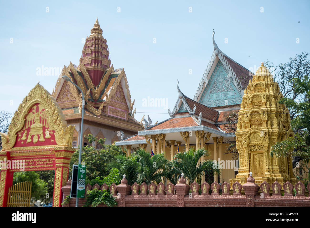 the Wat Ounalom at the Tonle Sap River in the city of Phnom Penh of ...