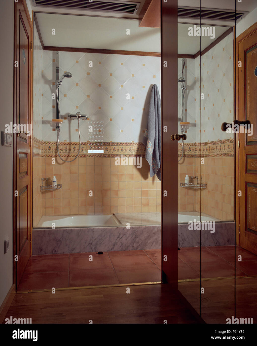 View of a bathroom with a shower area Stock Photo - Alamy