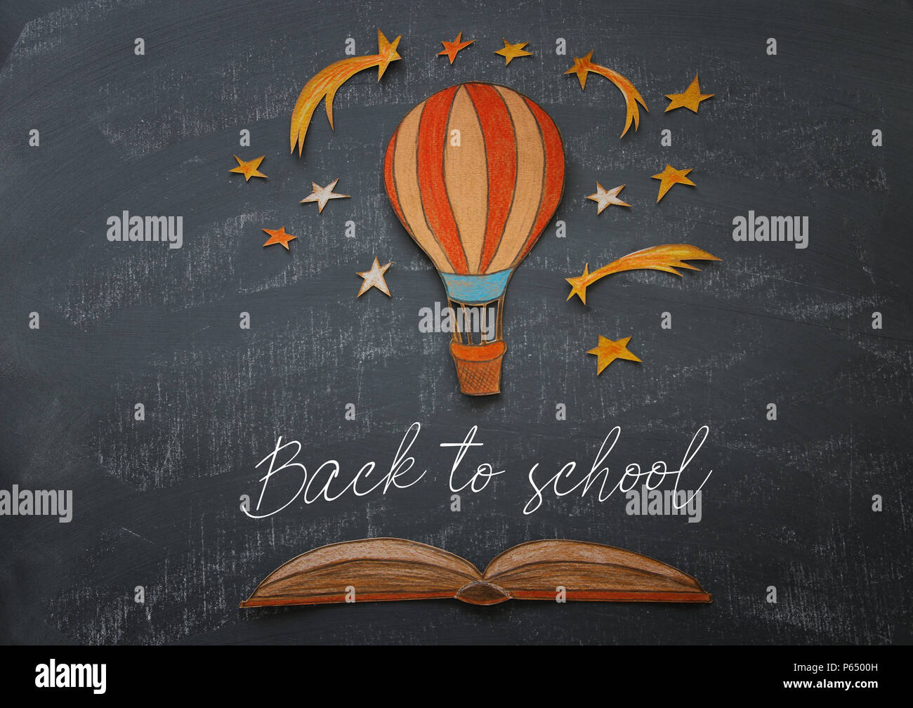 Back to school concept. Hot air balloon, space elements shapes cut from ...