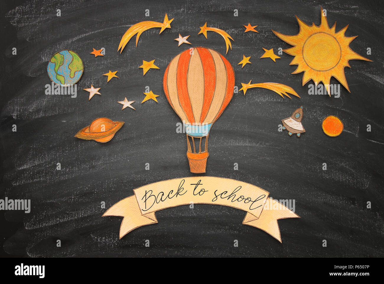 Back to school concept. Hot air balloon, space elements shapes cut from ...