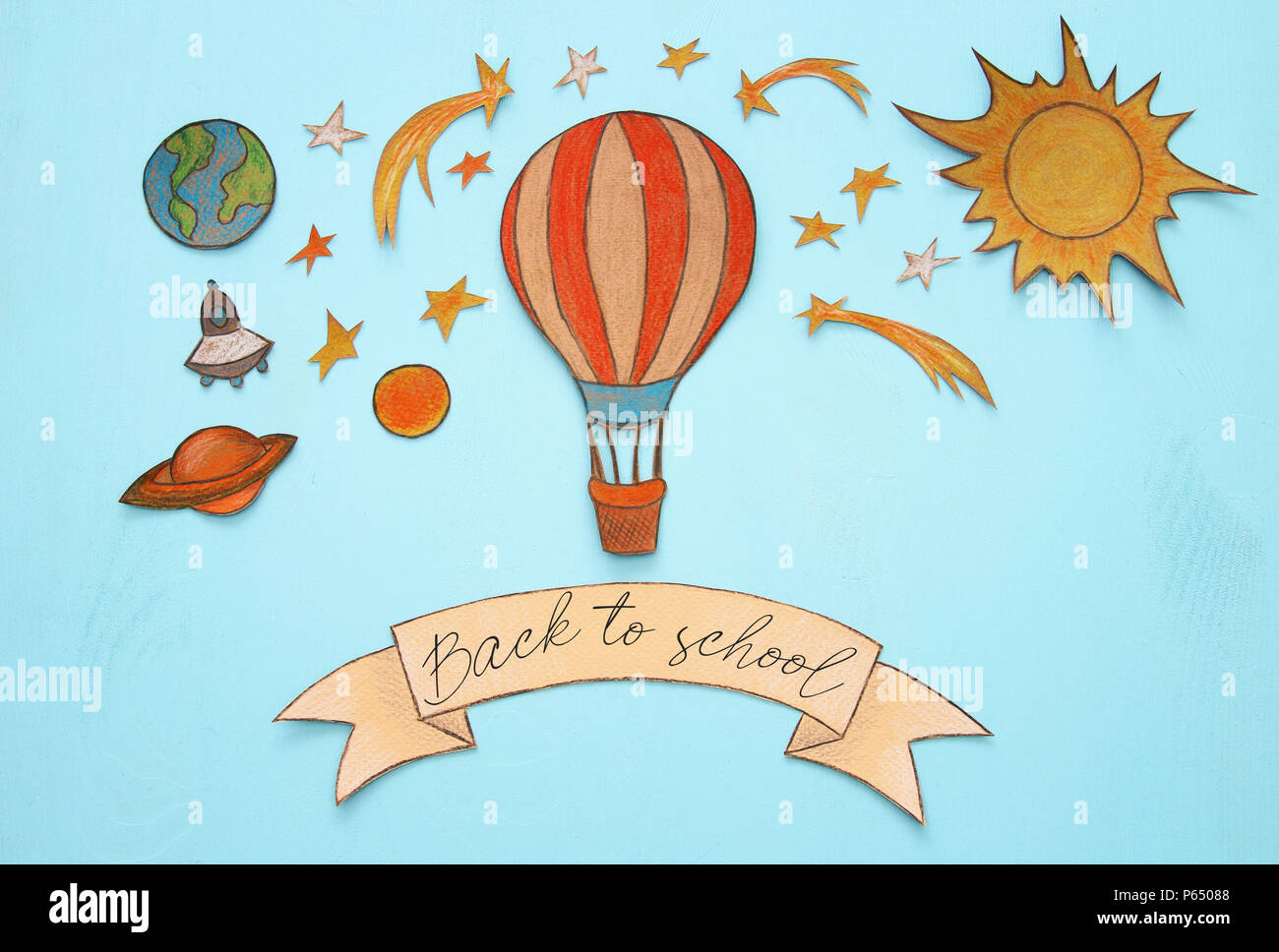 Back to school concept. Hot air balloon, space elements shapes cut from ...