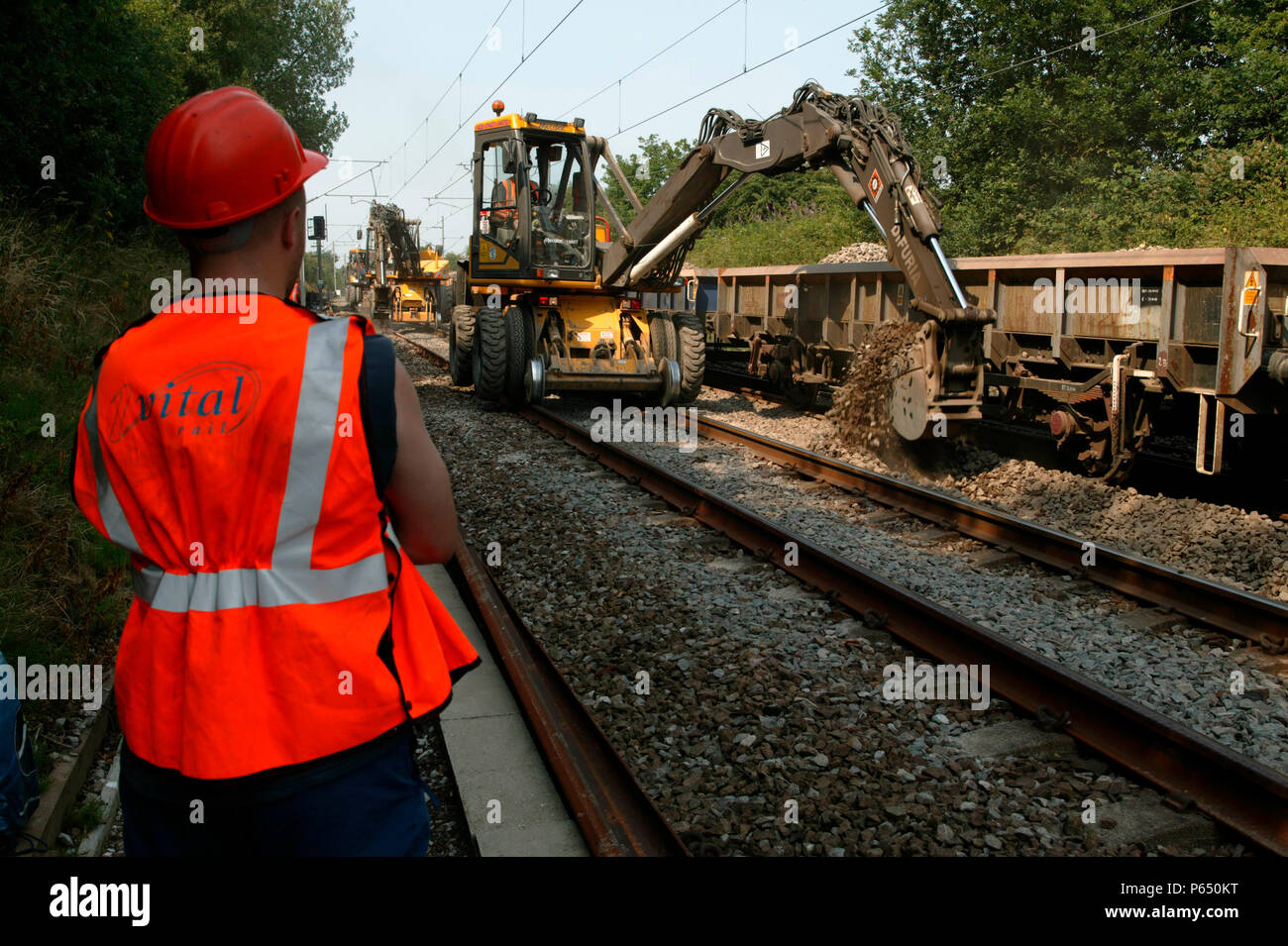 A Vital Rail employee observes the romval of track ballast. 2003 Stock ...