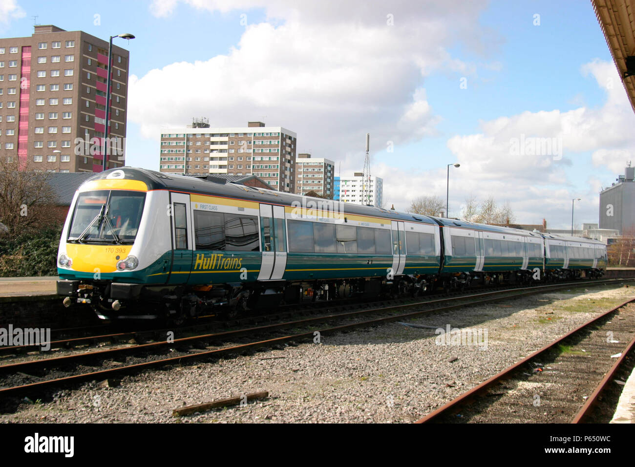 A Class 170 Turbostar in Hull Trains livery stands ready for departure ...