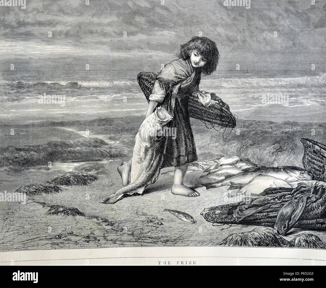 Engraving of a young child dragging a large fish that he caught. Dated ...