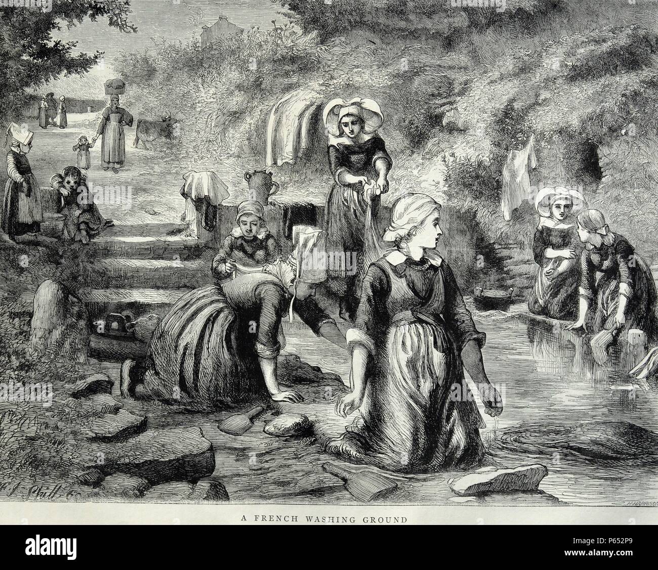 Engraving depicts a French washing ground where women and young girls ...