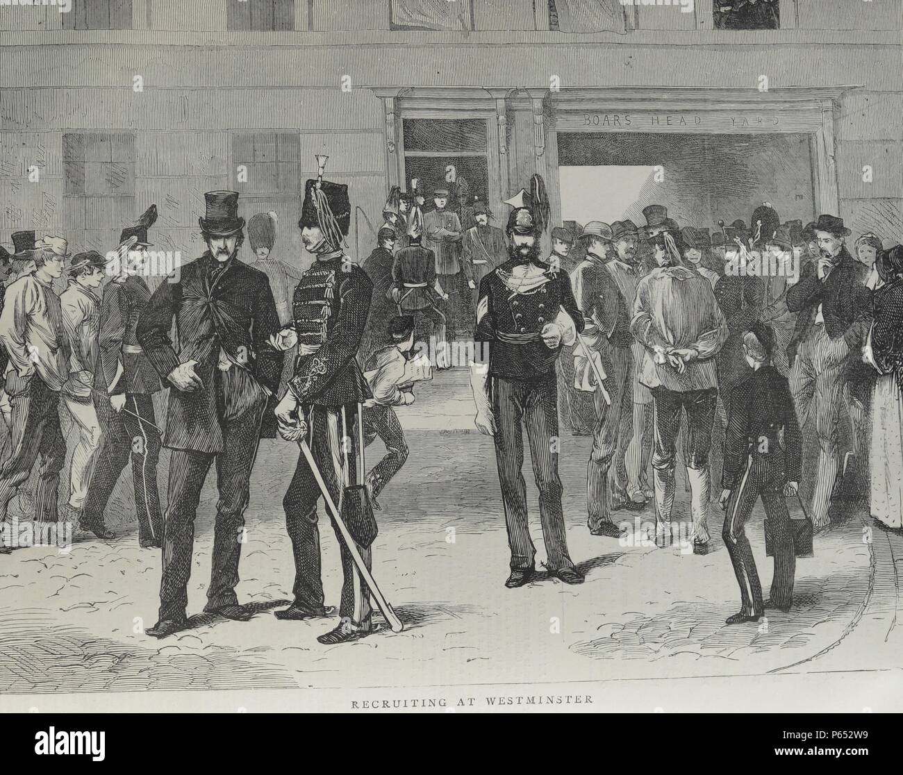 Engraving depicts the recruitment of British troops in Westminster ...