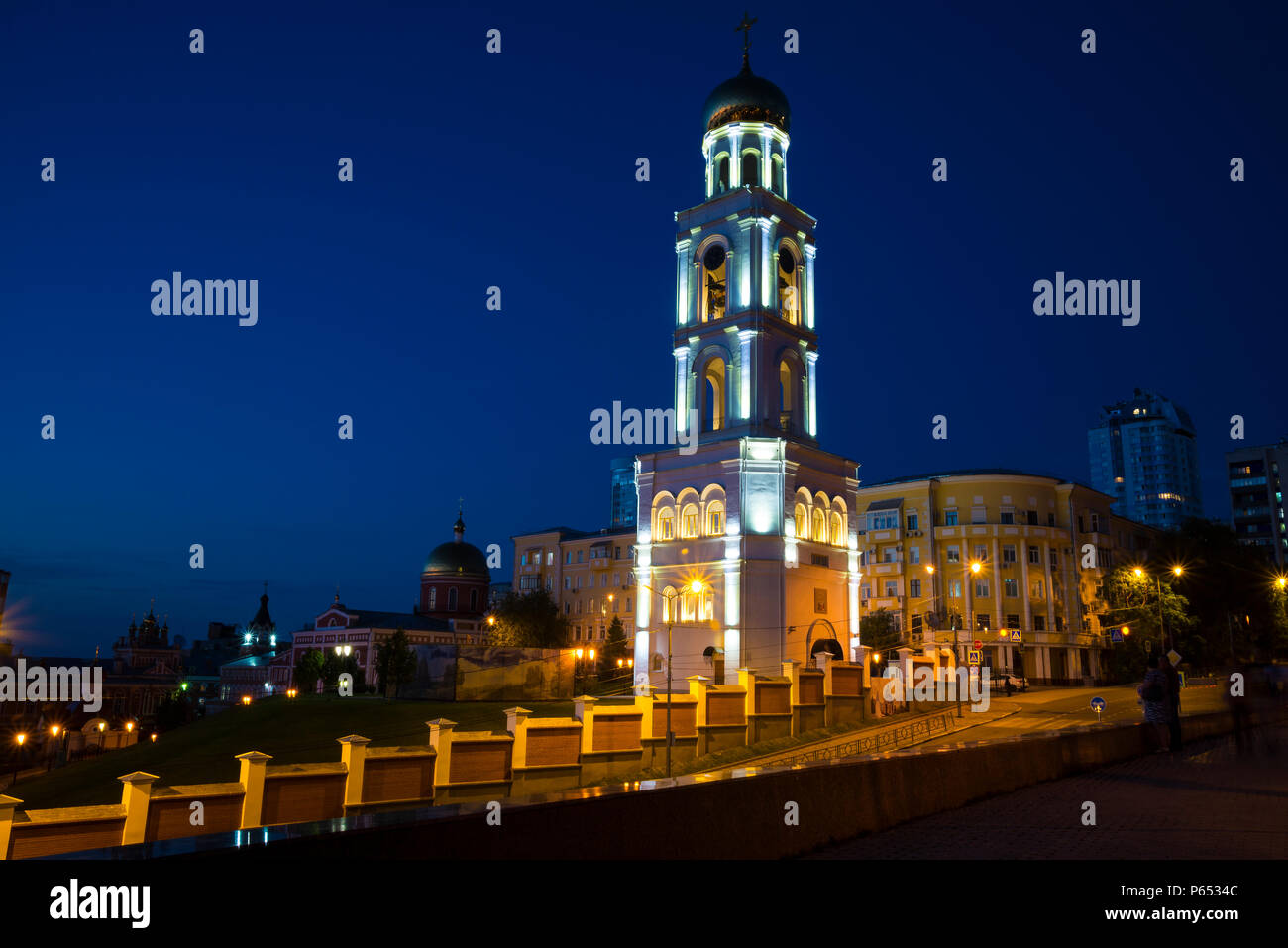 Bell tower with the Church of St. Nicholas at night in Samara Russia ...