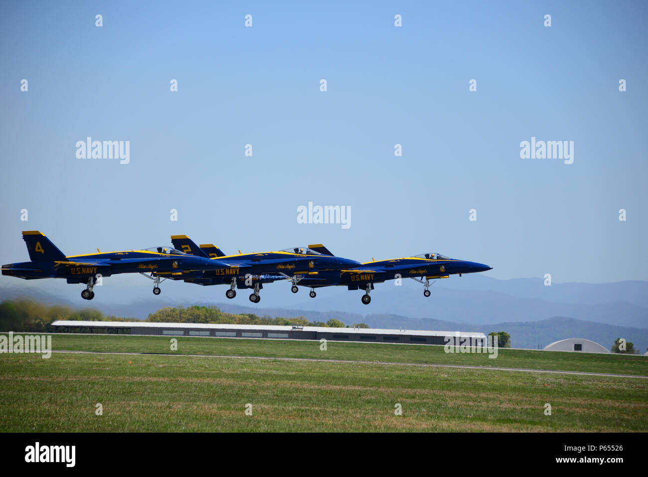 The U.S. Navy Blue Angels Flight Demonstration Team fly in formation at the 2016 Smoky Mountain ...