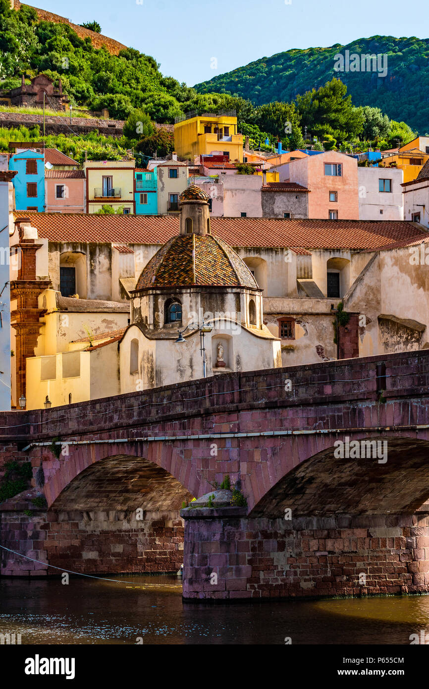 Italy Sardinia Bosa, bridge over the Temo river and historical center ...