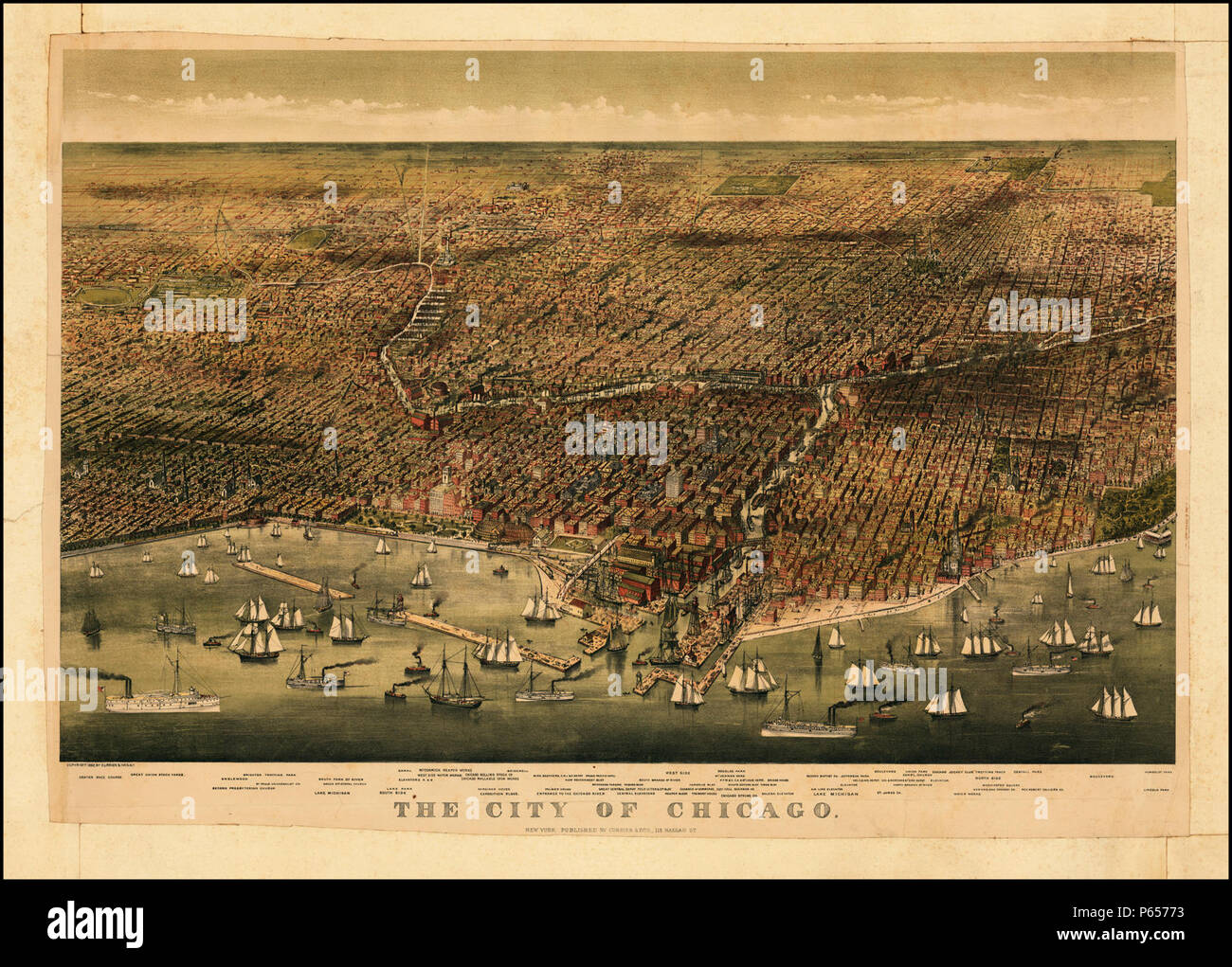 1874 Birds eye map of Chicago by Currier & Ives Stock Photo - Alamy