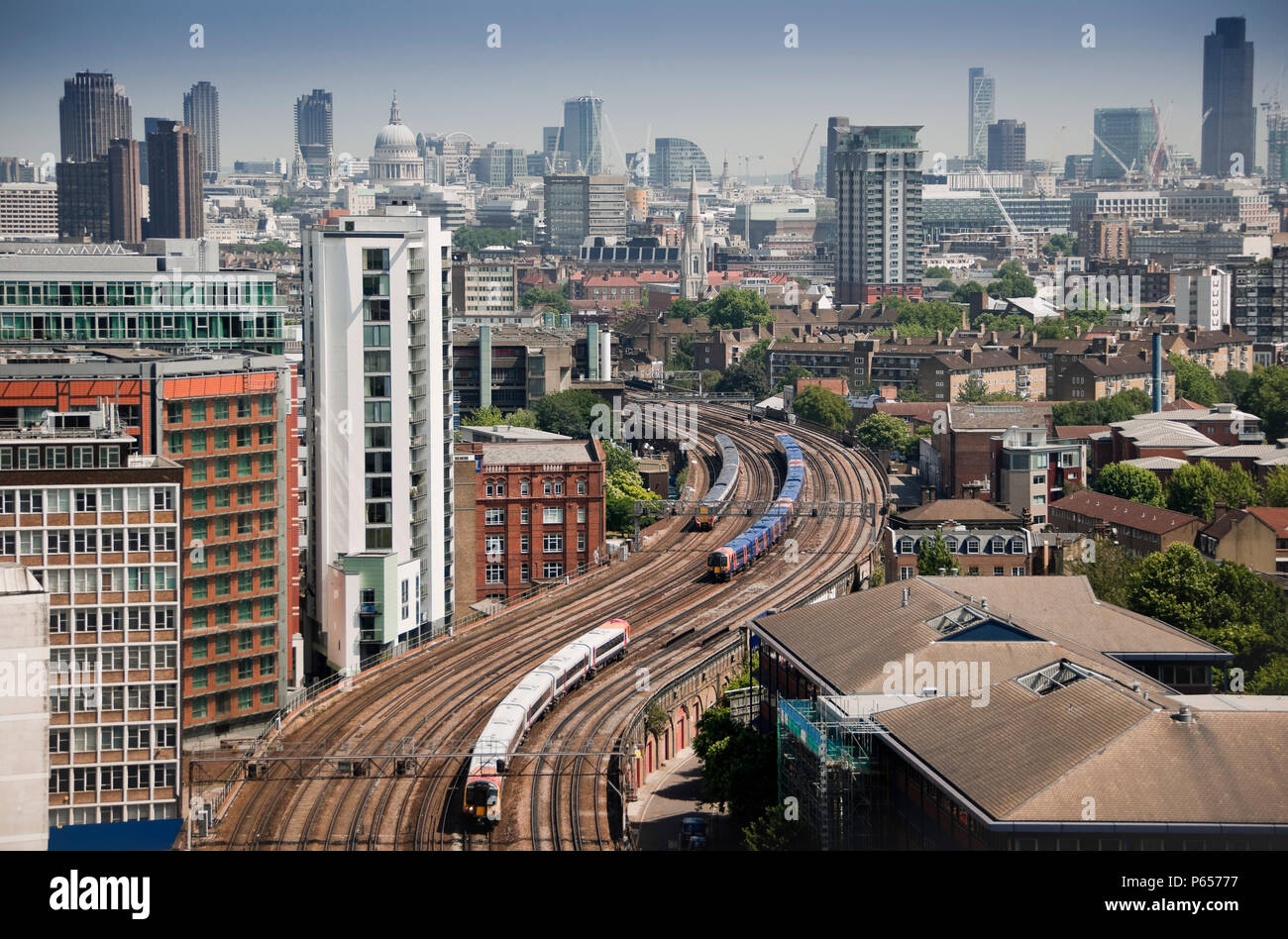 Aerial view of multiple railway lines leading to Clapham Juction with ...