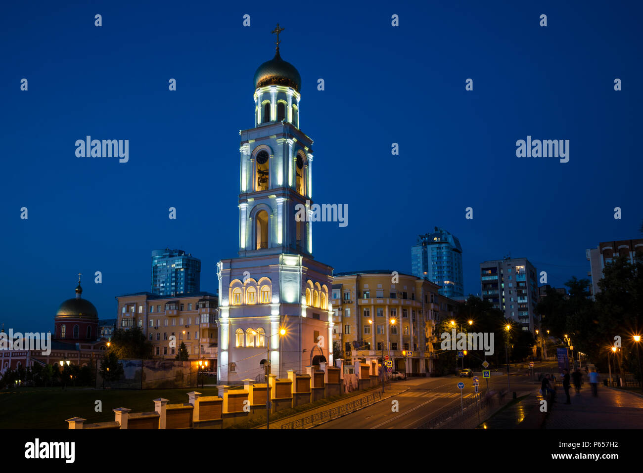 Bell tower with the Church of St. Nicholas at night in Samara Russia ...