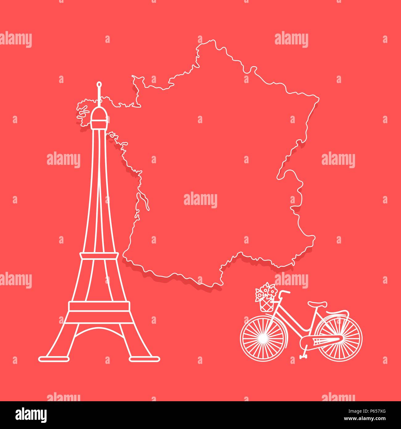 Map of France, famous tower of Paris, bicycle with a basket of flowers ...