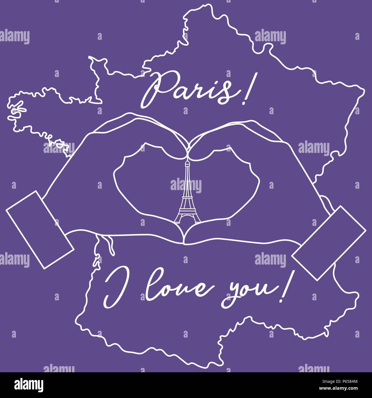 Hand making a heart shape. Tower, symbol of Paris. The inscription ...