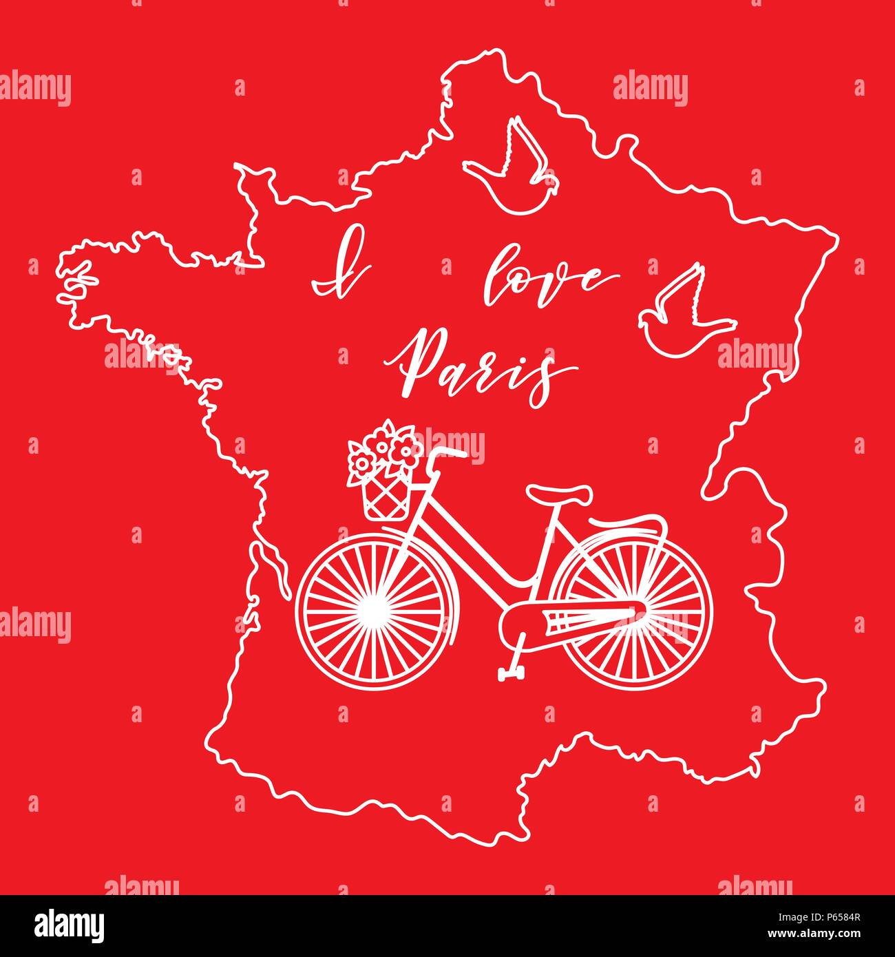 Map of France, bicycle with a basket of flowers, pigeons. Travel and ...