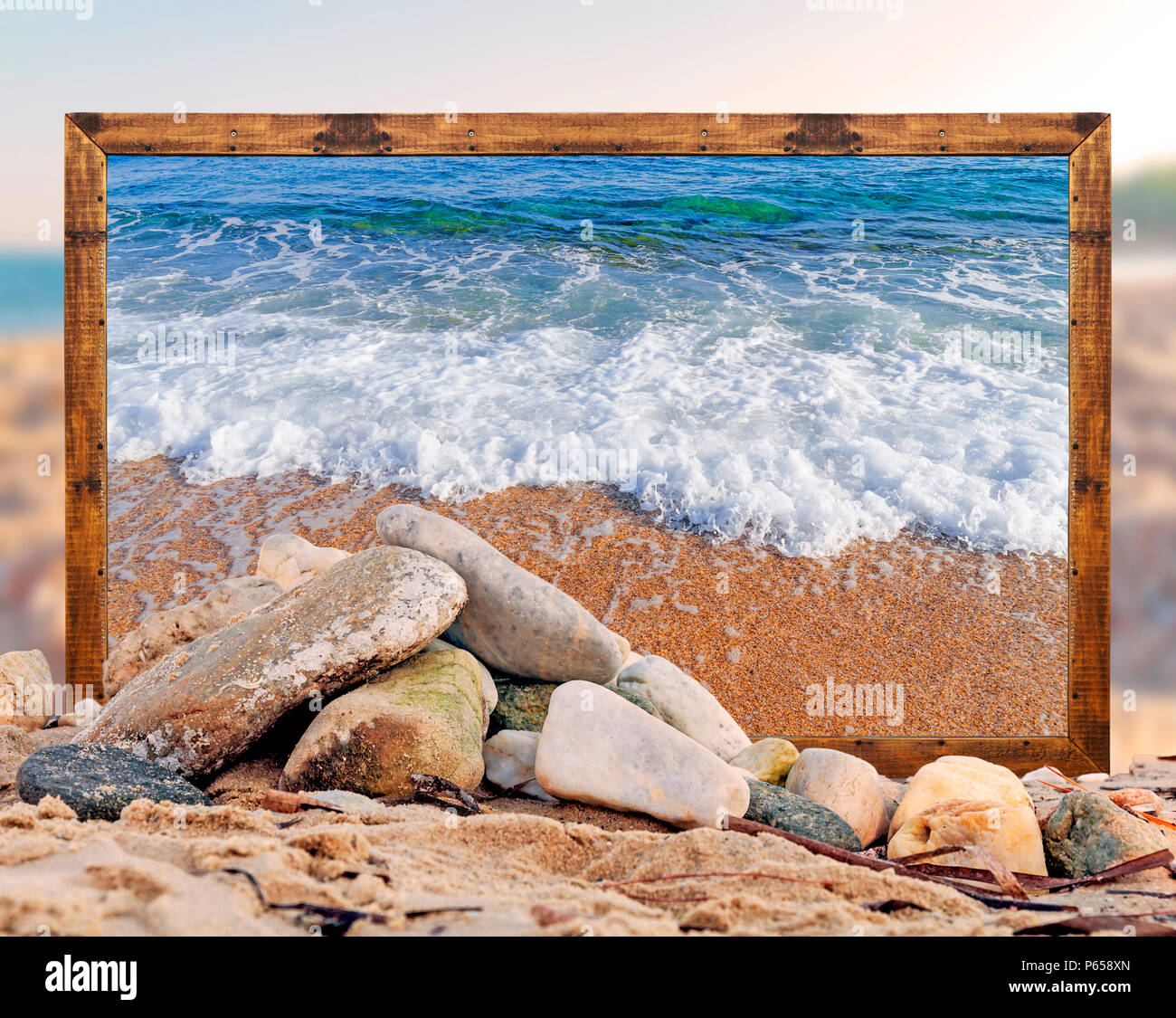Rock on the beach with beautiful beach picture frame and blurred beach ...