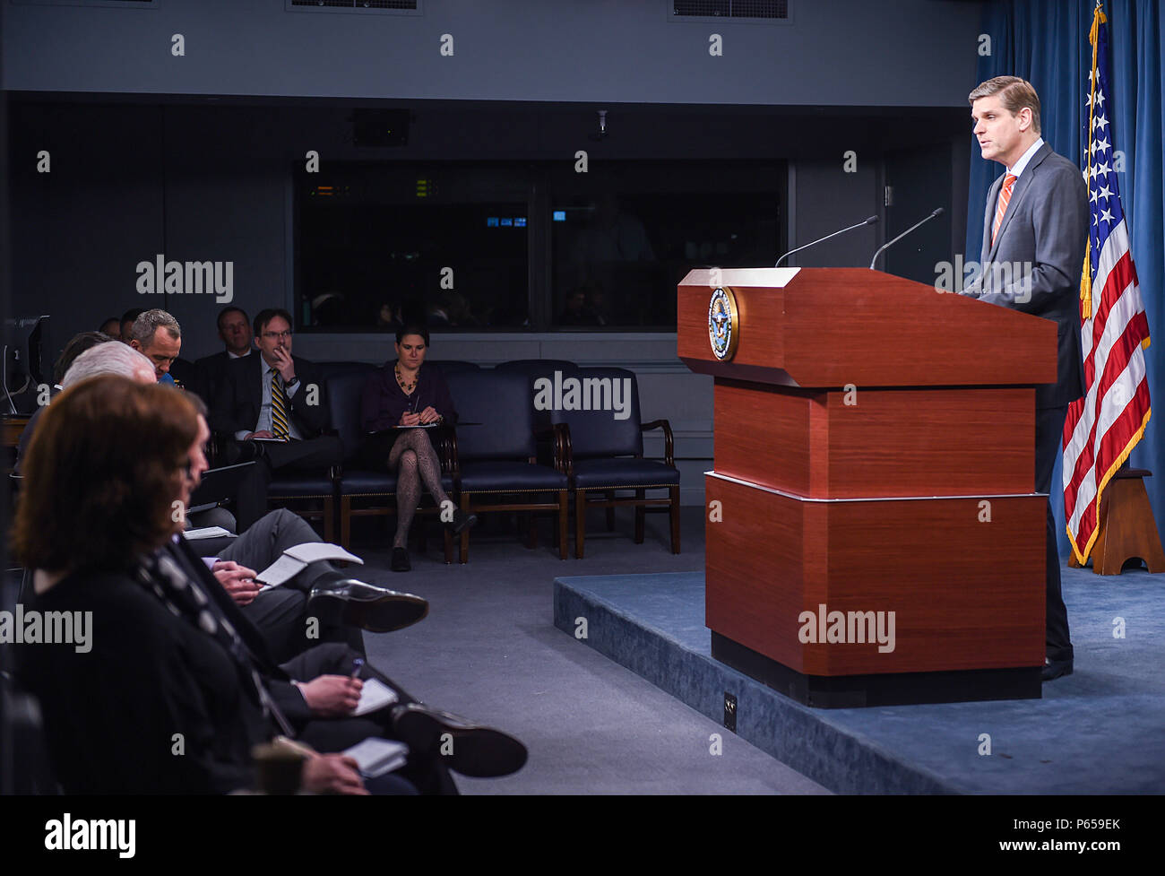 Pentagon Press Secretary Peter Cook briefs the media in the Pentagon ...