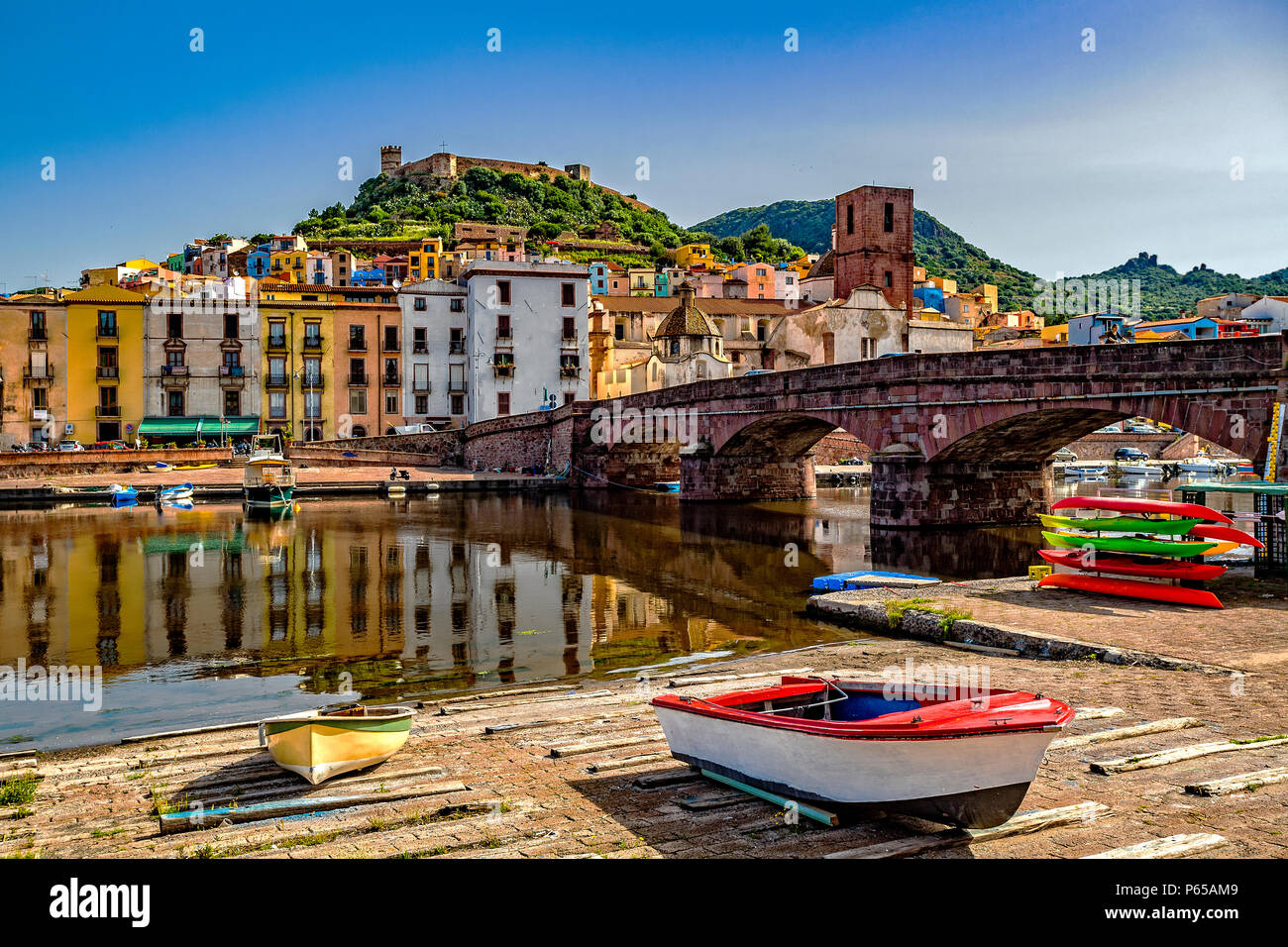 Italy Sardinia Bosa, bridge over the Temo river and historical center ...
