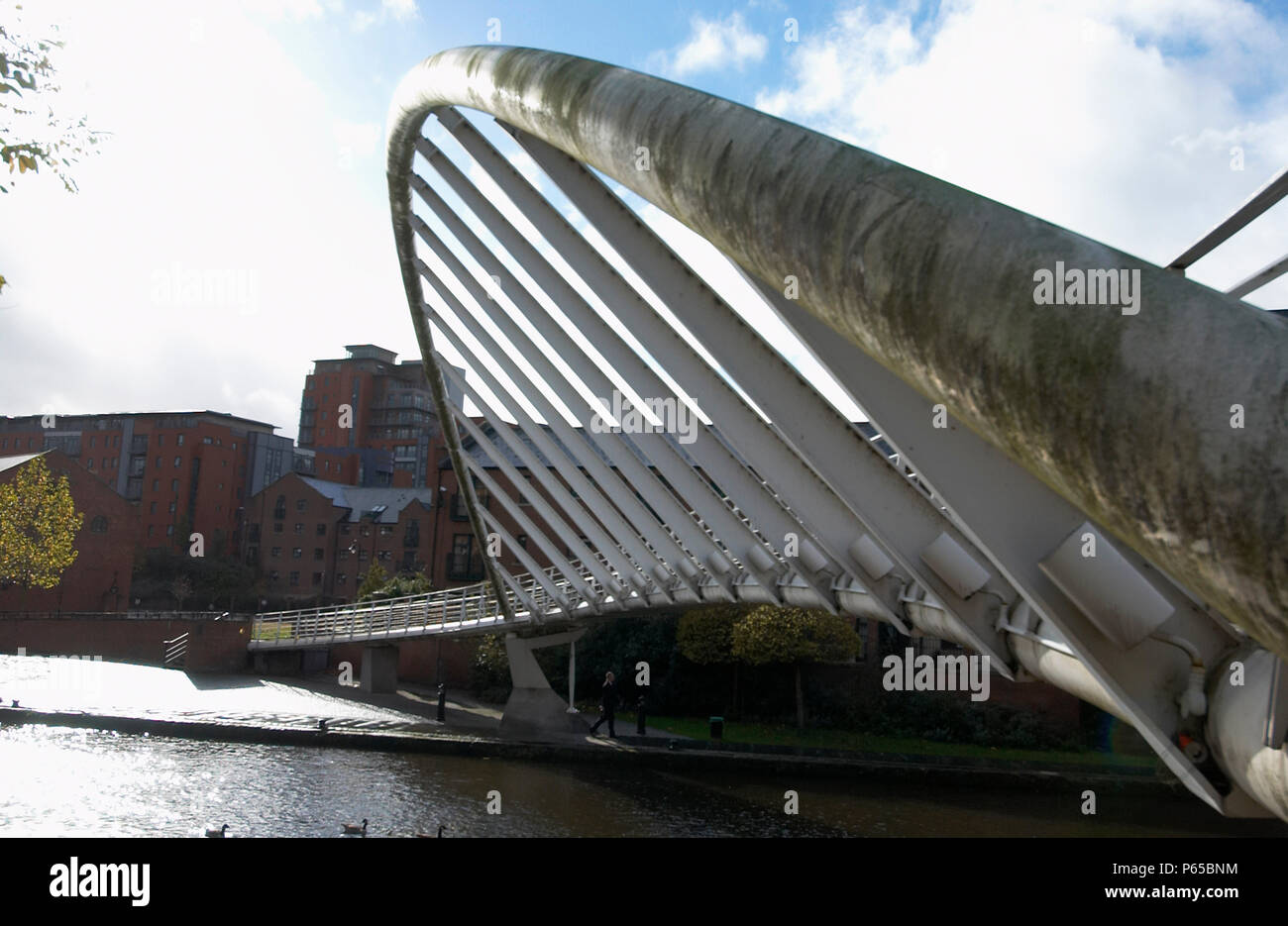 Merchants Bridge, Catalan Square, Manchester, UK. Dramatic curving ...