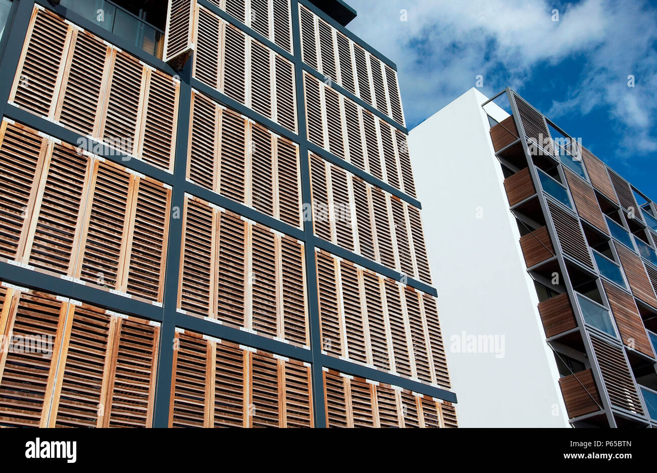 Residential development with wood shutters and timber cladding ...