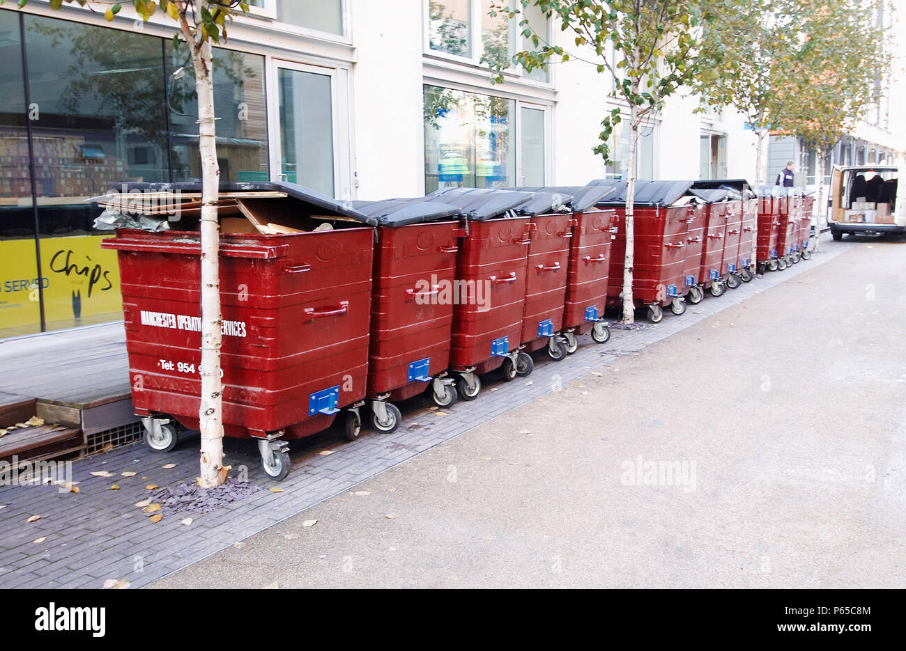 Refuse bins lined up in a pedestrian area Stock Photo - Alamy