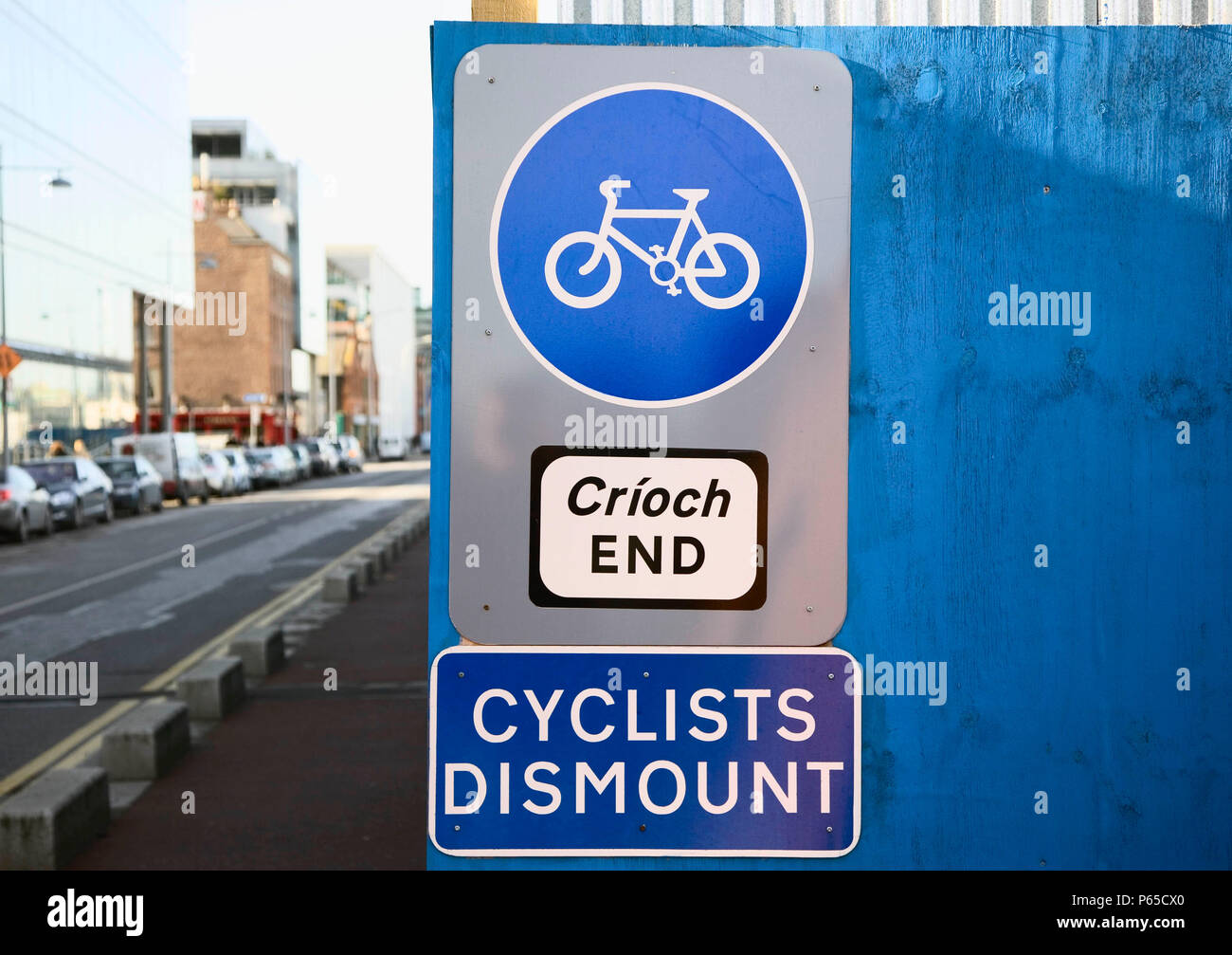 End of Cycle Lane in English/Gaelic, Dublin, ireland Stock Photo - Alamy