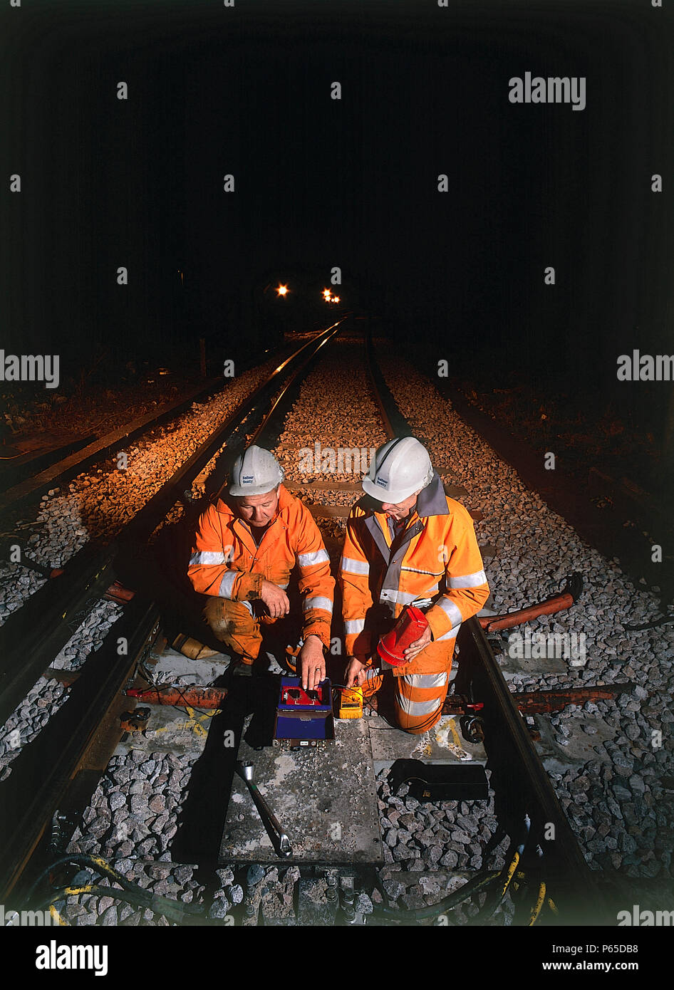 Night testing of new railway lines. Crystal Palace, London, United ...