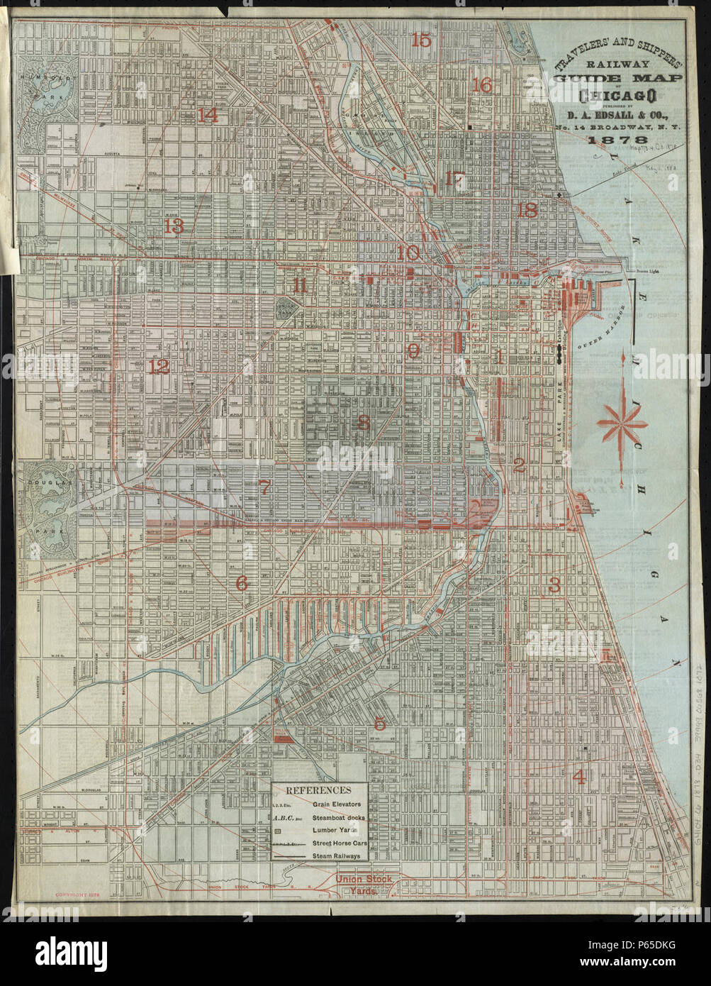 1878 Travelers and shippers railway guide map of Chicago Stock Photo ...