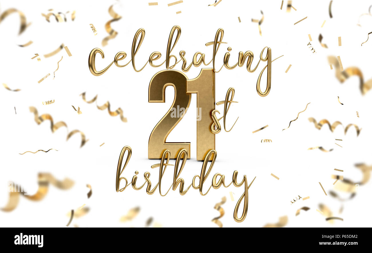 Celebrating 21st birthday gold greeting card with confetti. 3D ...
