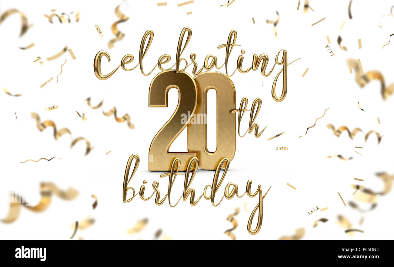 Celebrating 20th birthday gold greeting card with confetti. 3D ...