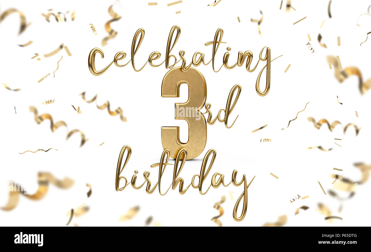 Celebrating 3rd birthday gold greeting card with confetti. 3D Rendering ...