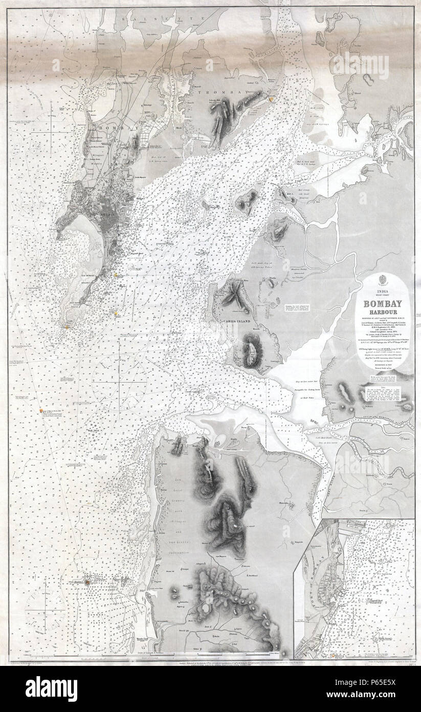 1879 British Admiralty Chart or Map of Bombay Harbor, India ( Mumbai ...