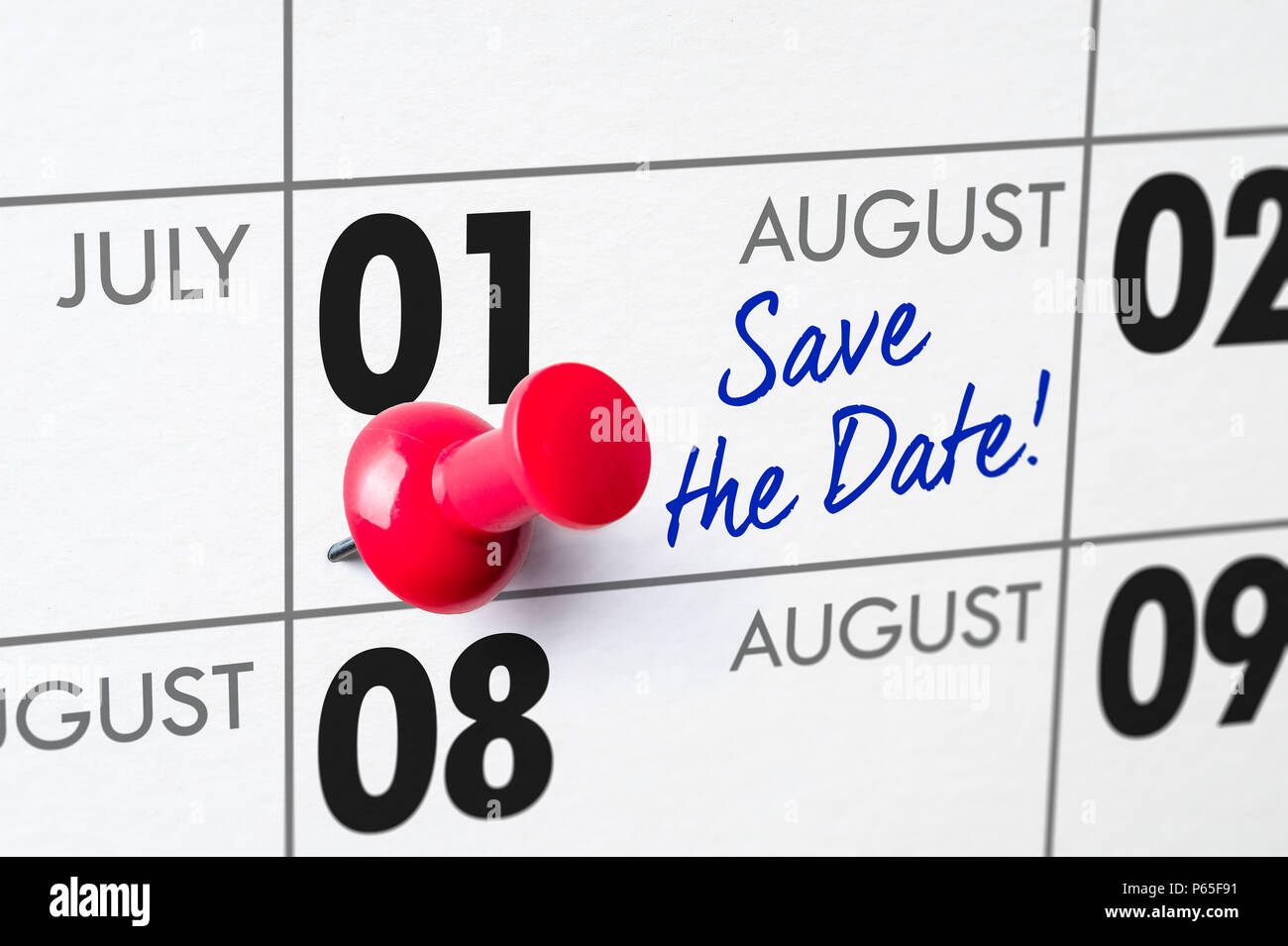 Wall calendar with a red pin - August 01 Stock Photo - Alamy