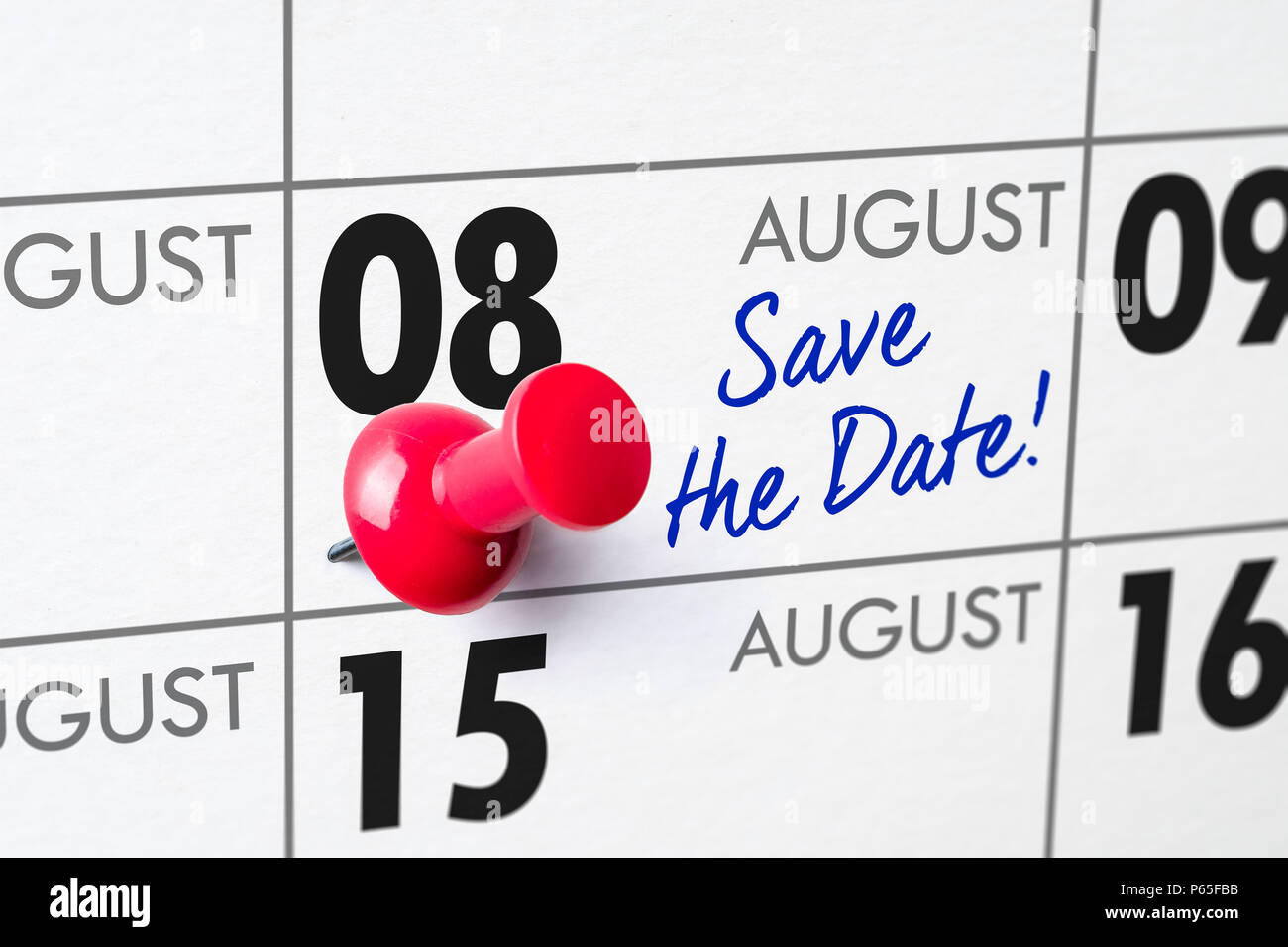 Wall calendar with a red pin - August 08 Stock Photo - Alamy