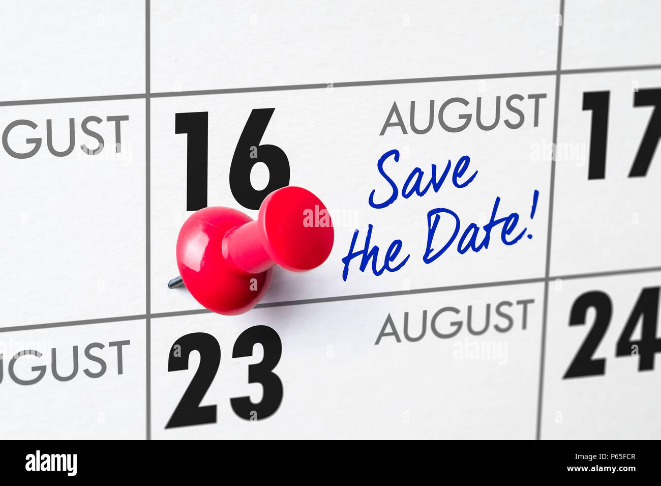 Wall calendar with a red pin - August 16 Stock Photo - Alamy